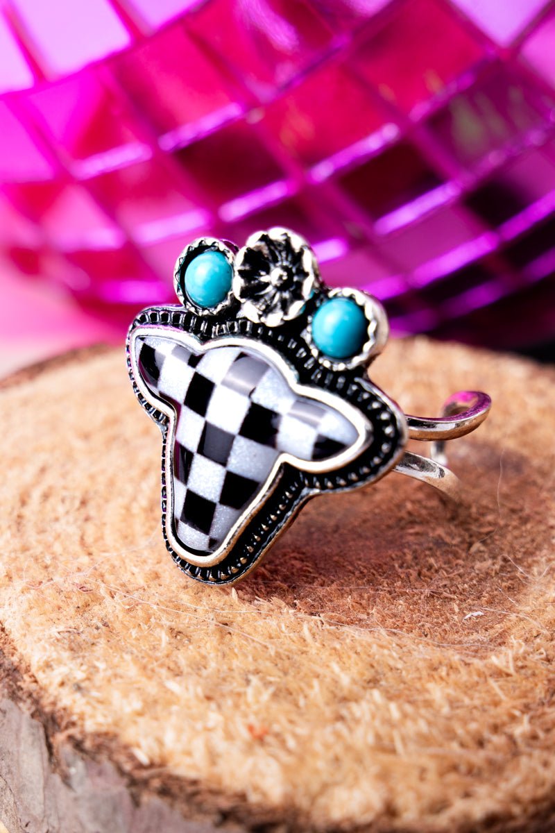 Rosy Checkered Cow Silvertone Cuff Ring | Wholesale Accessory Market
