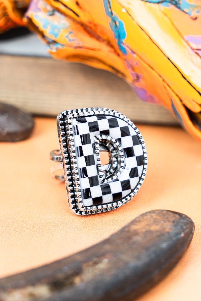 Black & White Checkered 'D' Silvertone Cuff Ring | Wholesale Accessory Market