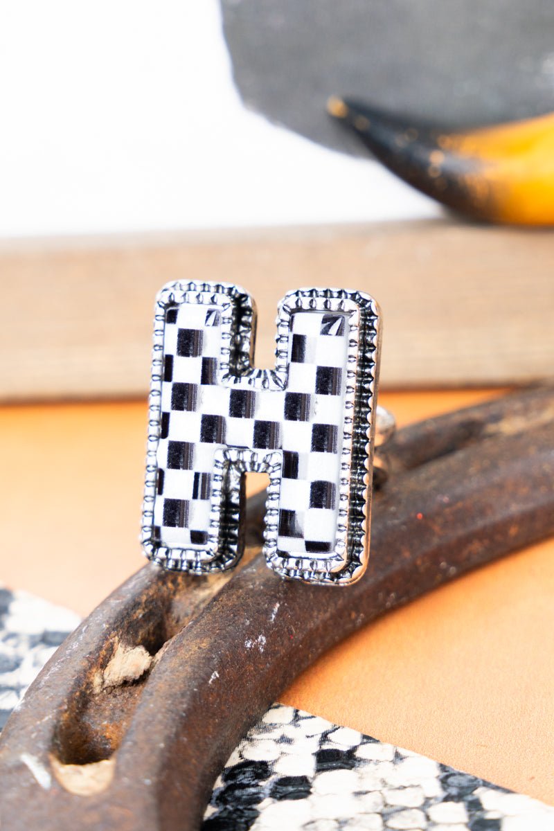 Black & White Checkered 'H' Silvertone Cuff Ring | Wholesale Accessory Market
