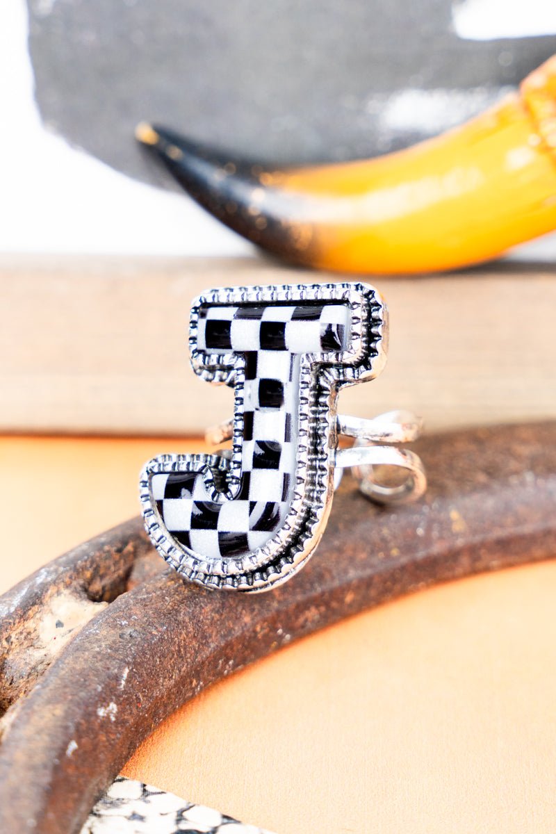 Black & White Checkered 'J' Silvertone Cuff Ring | Wholesale Accessory Market