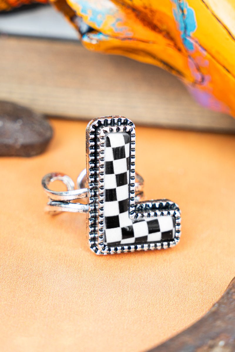 Black & White Checkered 'L' Silvertone Cuff Ring | Wholesale Accessory Market