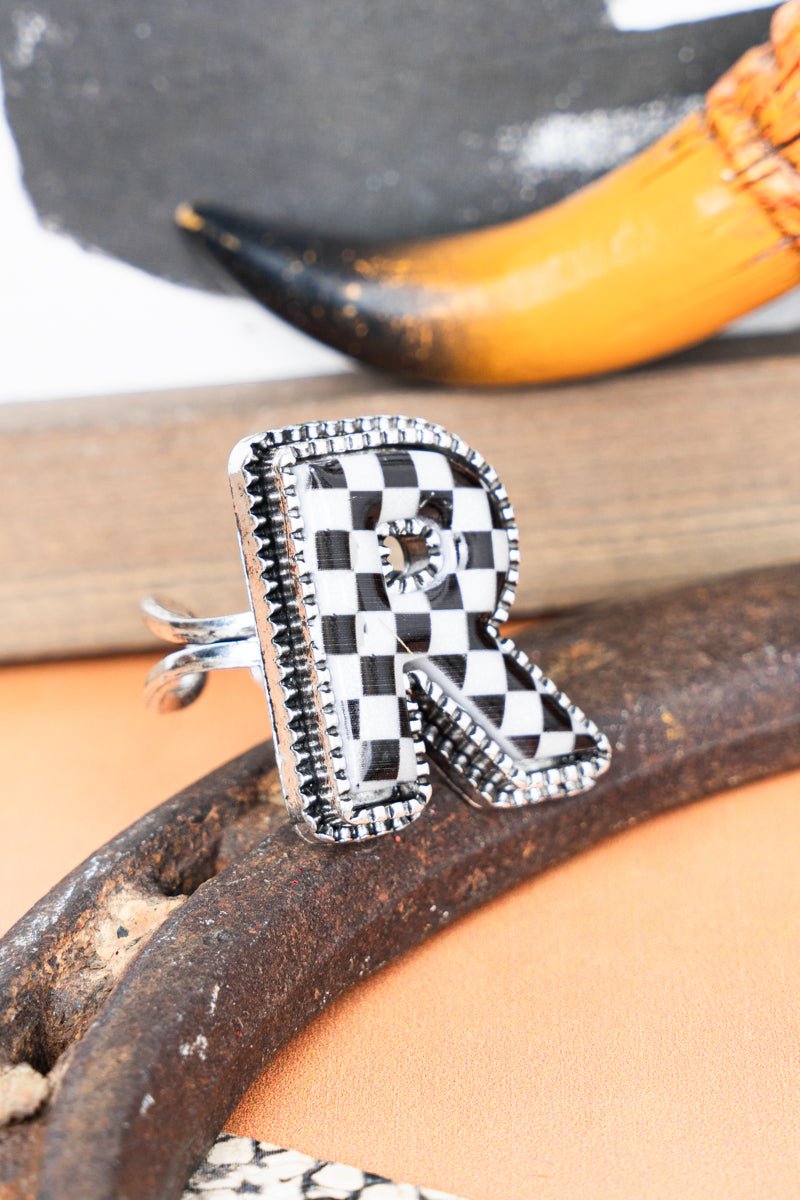 Black & White Checkered 'R' Silvertone Cuff Ring | Wholesale Accessory Market