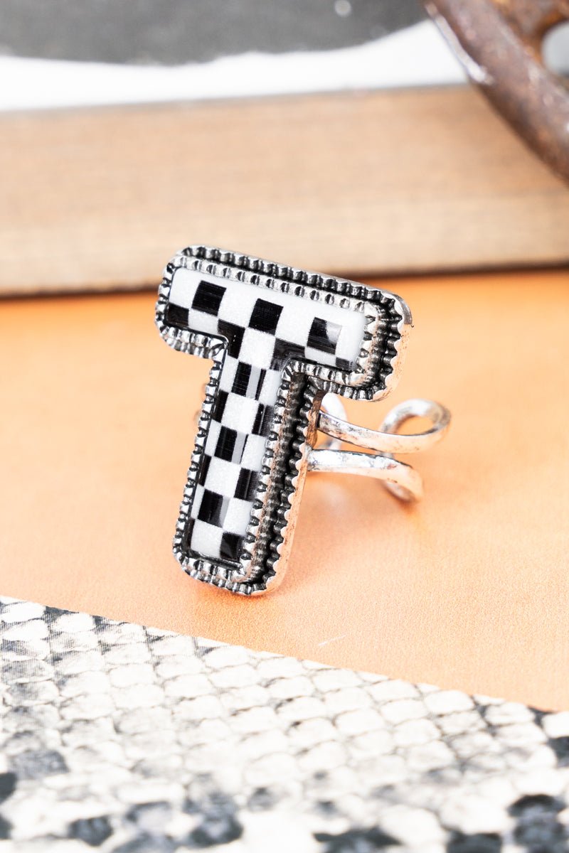 Black & White Checkered 'T' Silvertone Cuff Ring | Wholesale Accessory Market