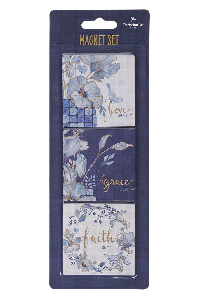 3 Piece Love, Grace, Faith Blue Floral Tile Magnet Set | Wholesale ...