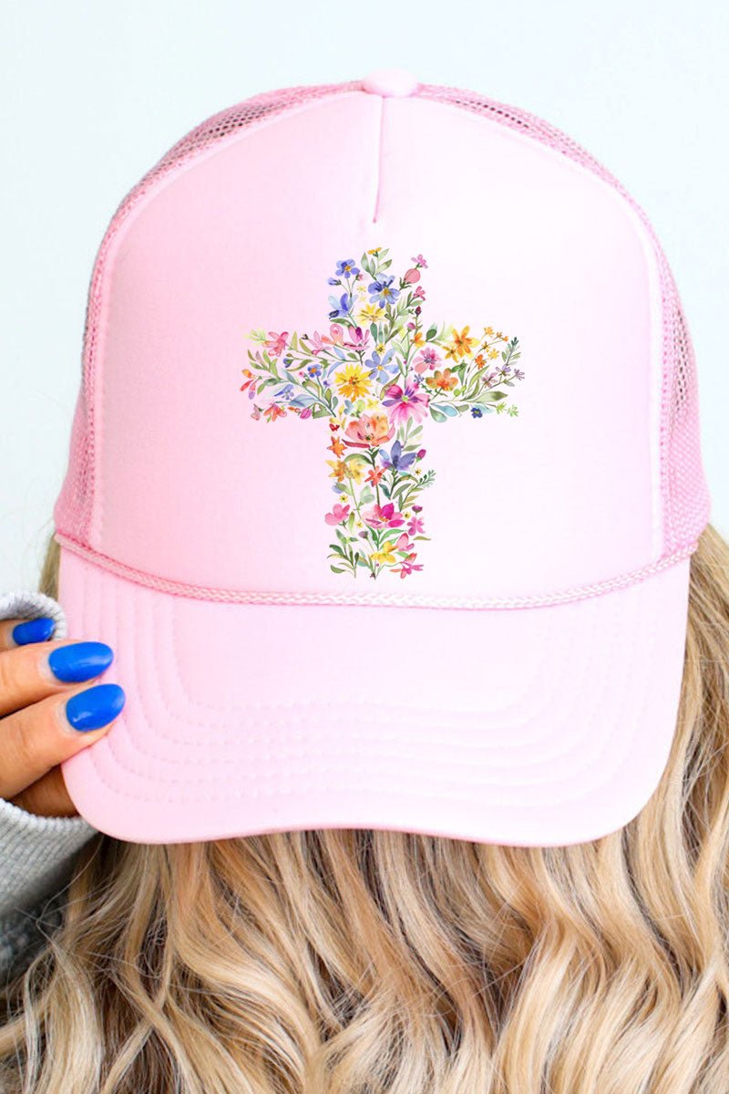 Watercolor Floral Cross Otto Soft Pink Foam Front Trucker Hat ...