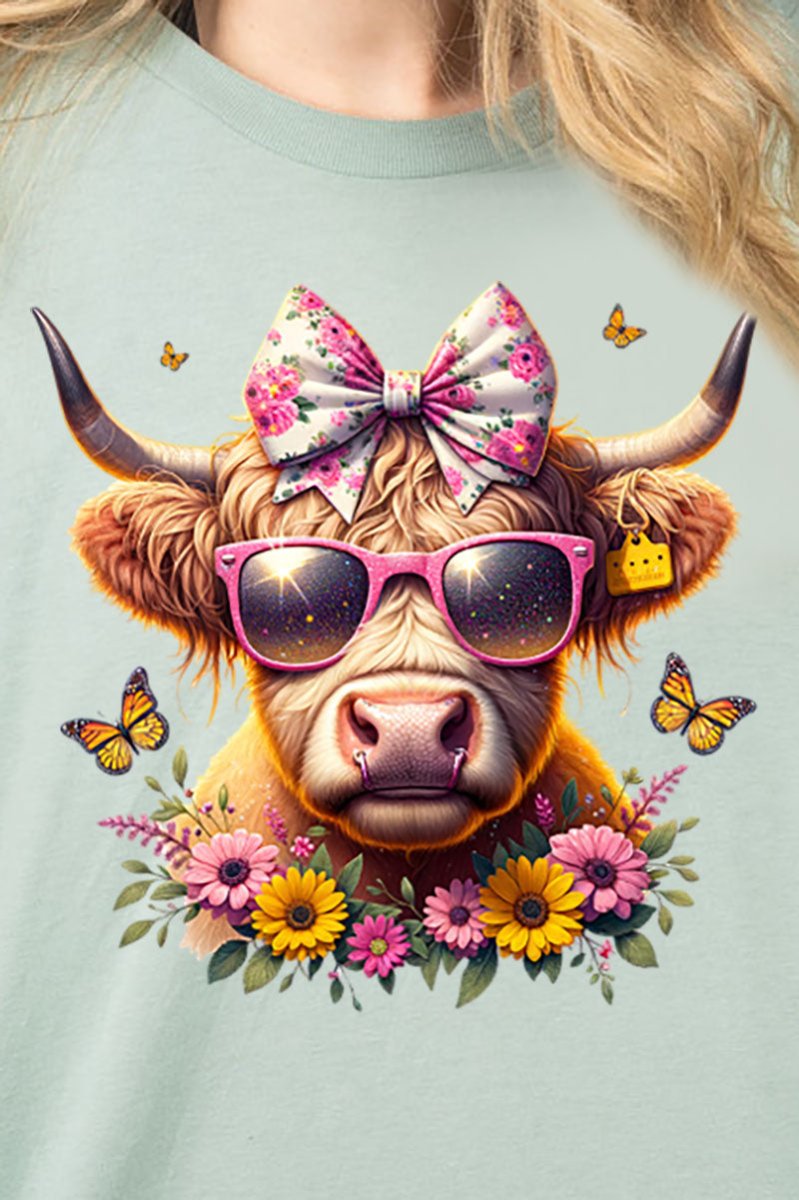 Glam Spring Highland Cow Combed Cotton T-Shirt | Wholesale Accessory Market