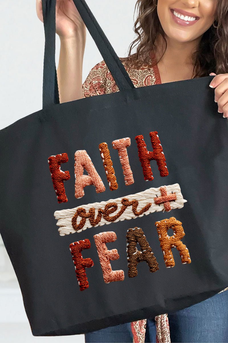 Faux Yarn Faith Over Fear Canvas Jumbo Tote | Wholesale Accessory Market