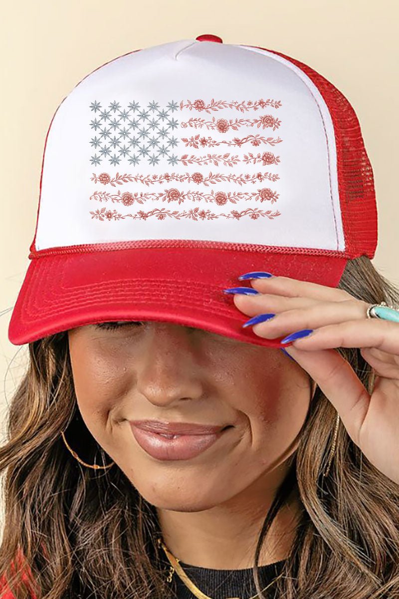 Floral United States Flag Foam Mesh Back Trucker Cap | Wholesale ...