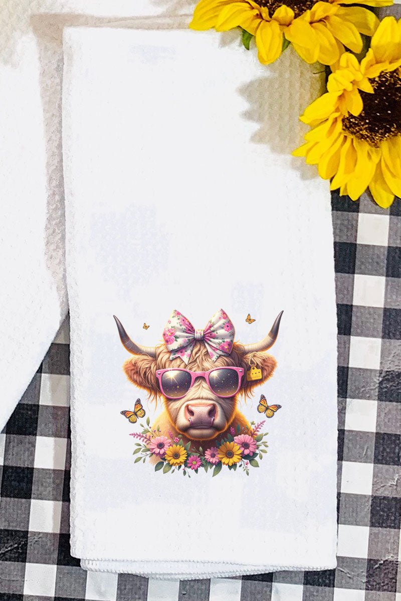 Glam Spring Highland Cow Waffle Kitchen Towel| Wholesale Accessory Market