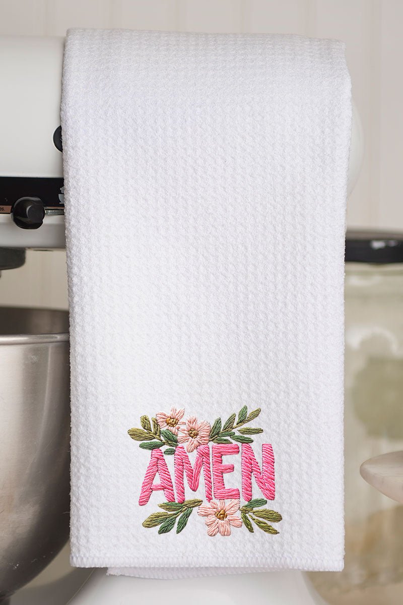 Pink Amen Faux Embroidery Waffle Kitchen Towel | Wholesale Accessory Market