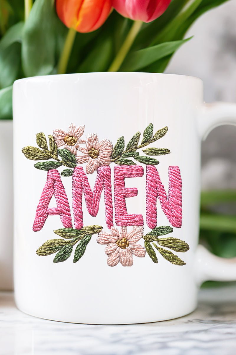 Pink Amen Faux Embroidery Ceramic Mug | Wholesale Accessory Market