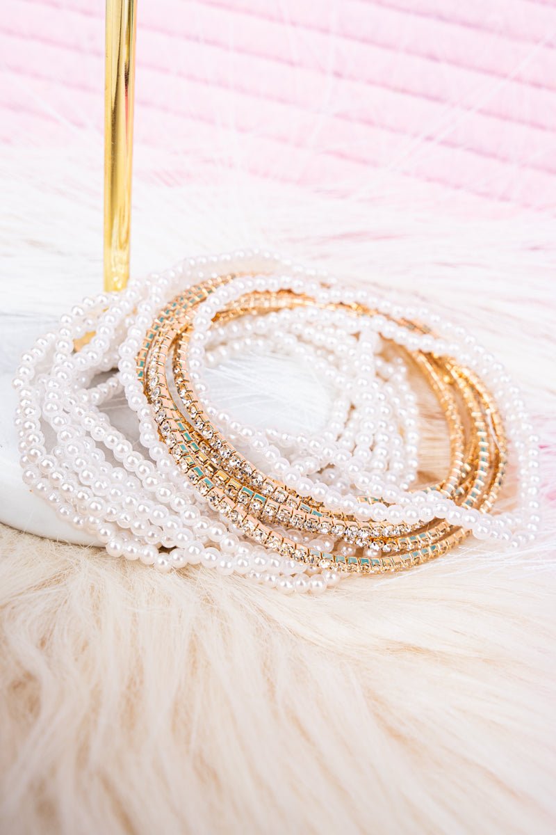 Crystal Avenue Goldtone Stacked Pearls and Rhinestone Beaded Bracelet ...