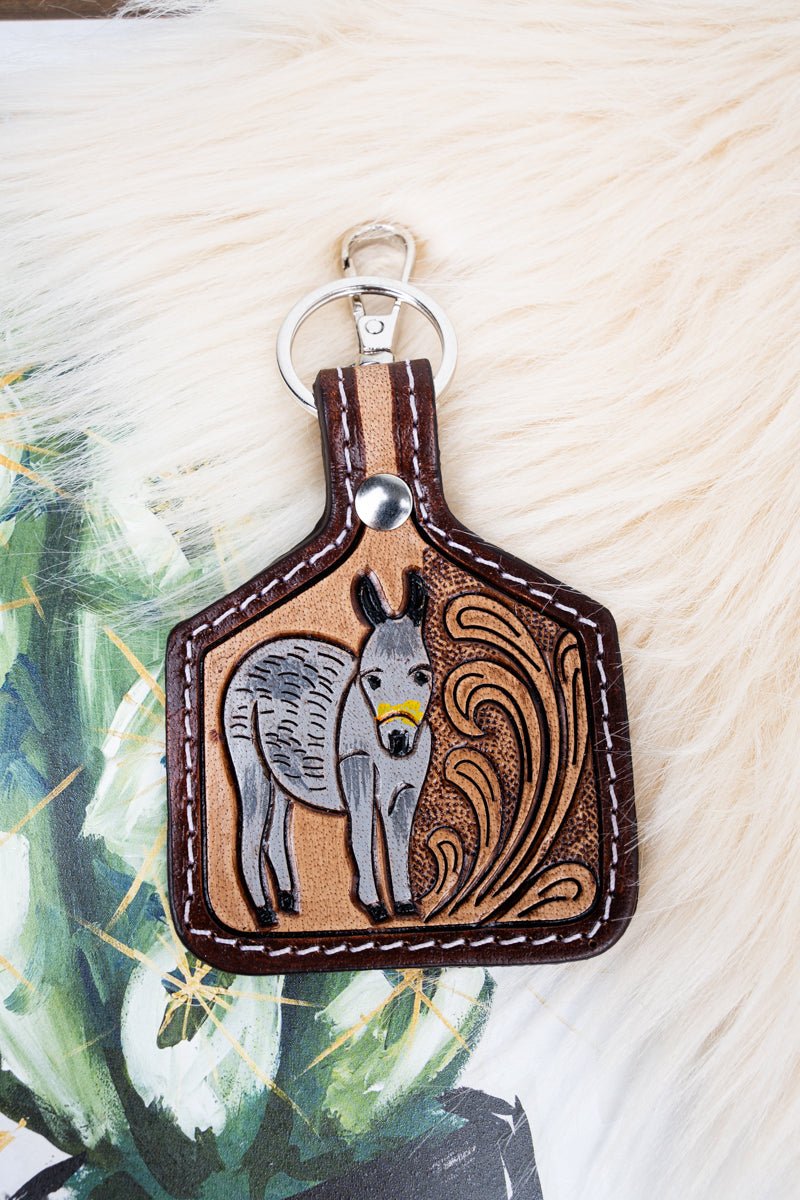 Dolly Donkey Tooled Cattle Tag Keychain | Wholesale Accessory Market