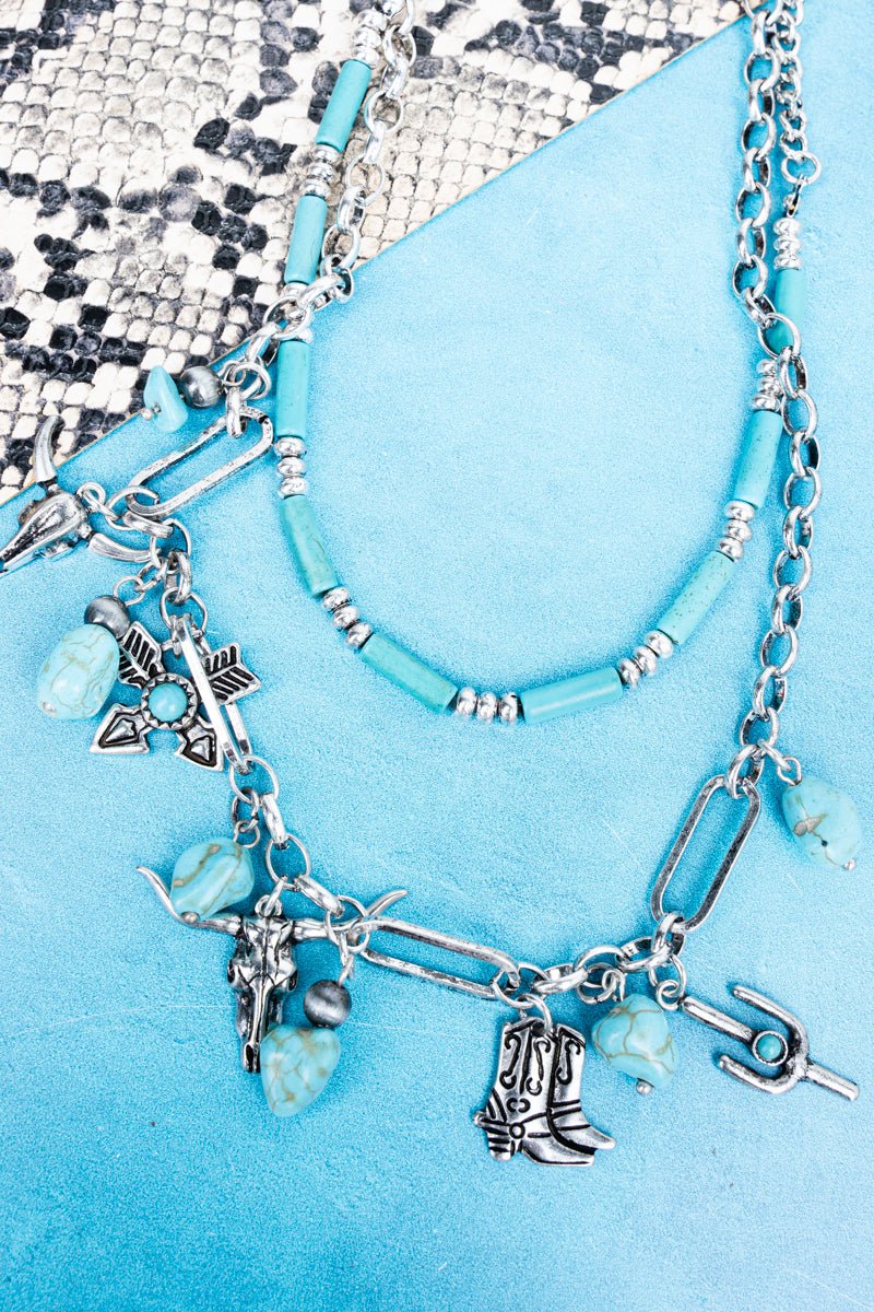 Turquoise Ranch Revival Silvertone Double Necklace Set | Wholesale ...