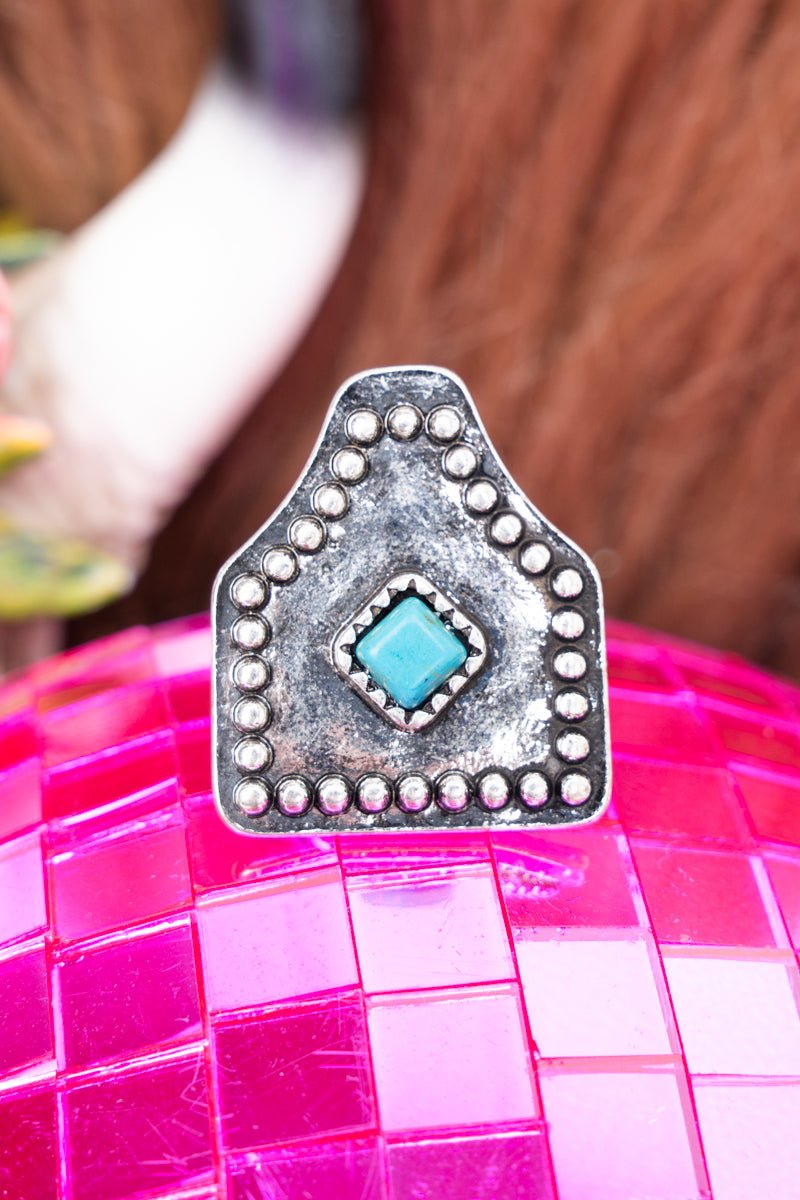 Studded Turquoise Cattle Tag Silvertone Cuff Ring | Wholesale Accessory ...