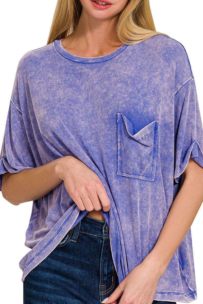 Pacific Coast Light Indigo Washed Ribbed Short Sleeve Top | Wholesale ...