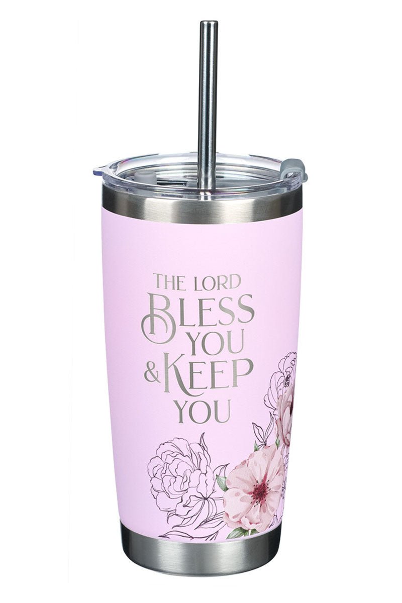 Bless You & Keep You Pink Floral Stainless Steel Travel Mug with Straw ...