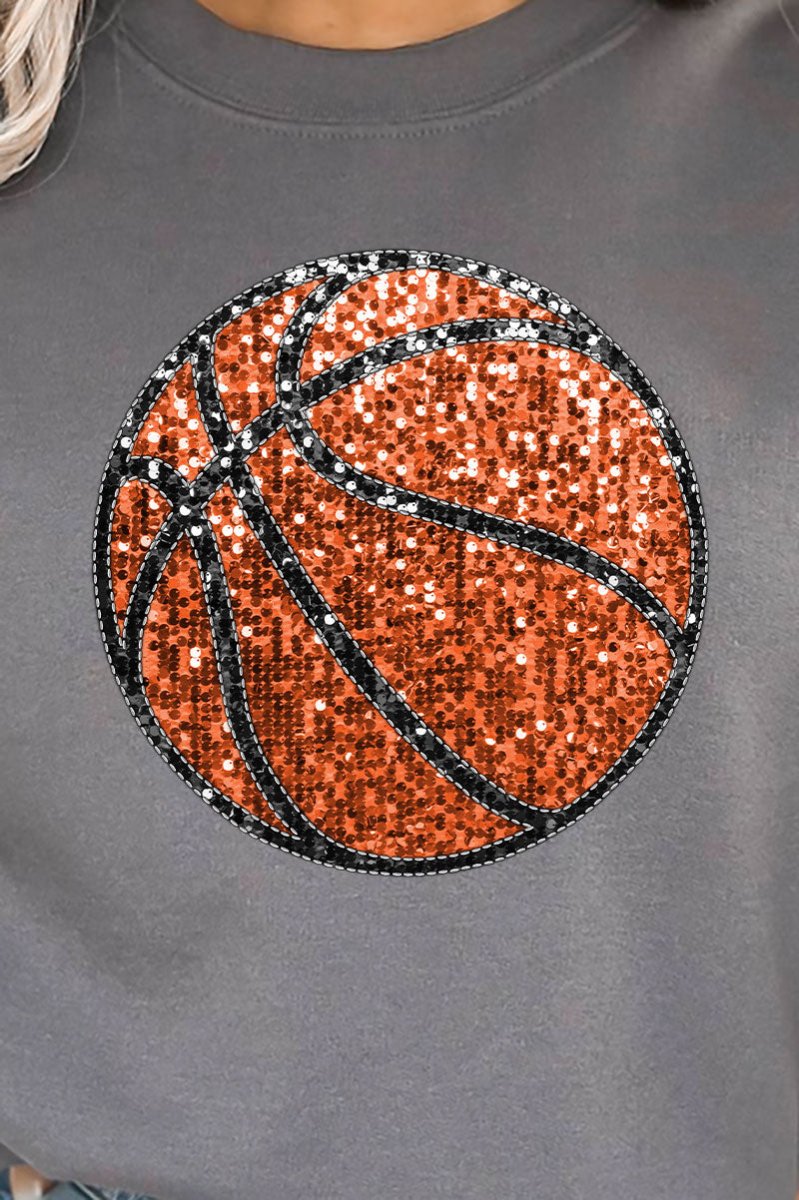 Faux Sequin Basketball Transfer Heavy-weight Crew Sweatshirt ...