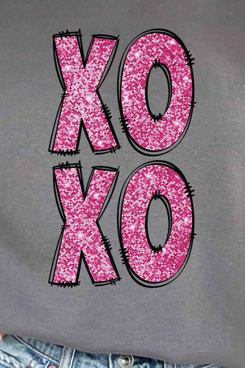 Faux Sequin Pink Stacked XOXO Transfer Heavy-weight Crew Sweatshirt ...