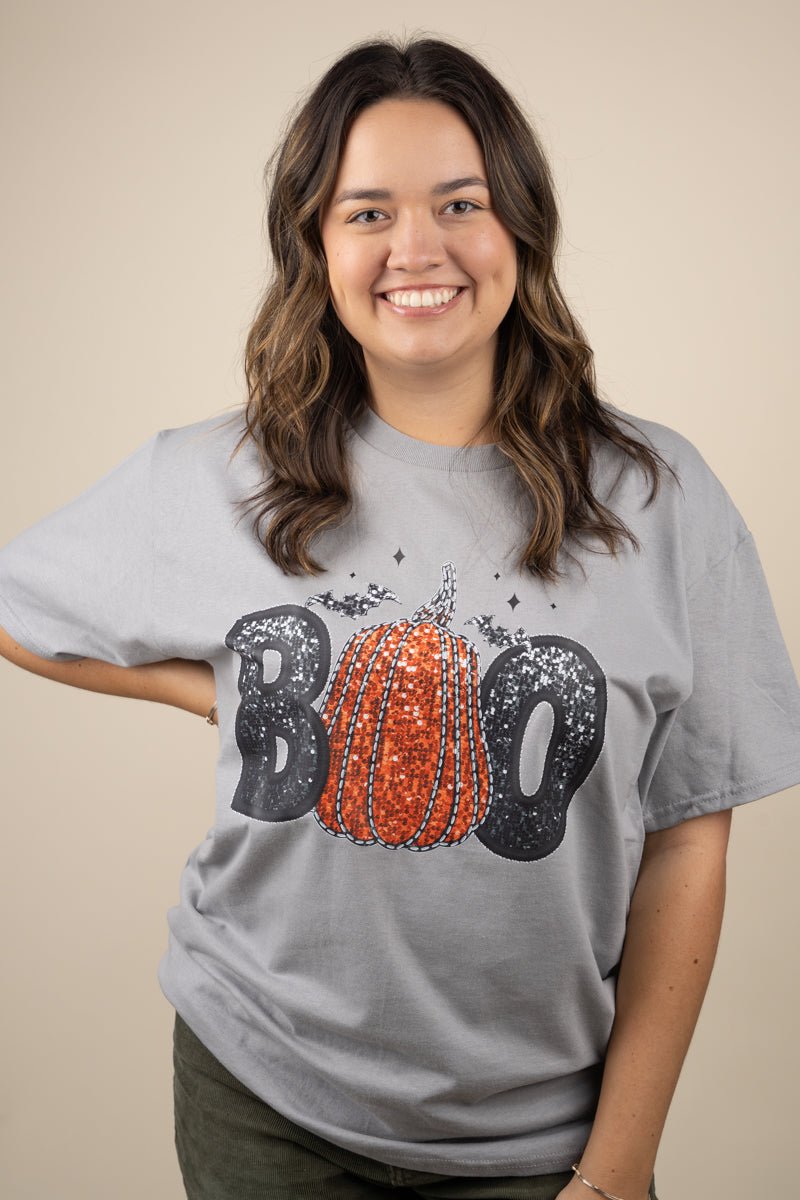 Faux Sequin Boo Transfer Short Sleeve Relaxed Fit T-Shirt | Wholesale ...