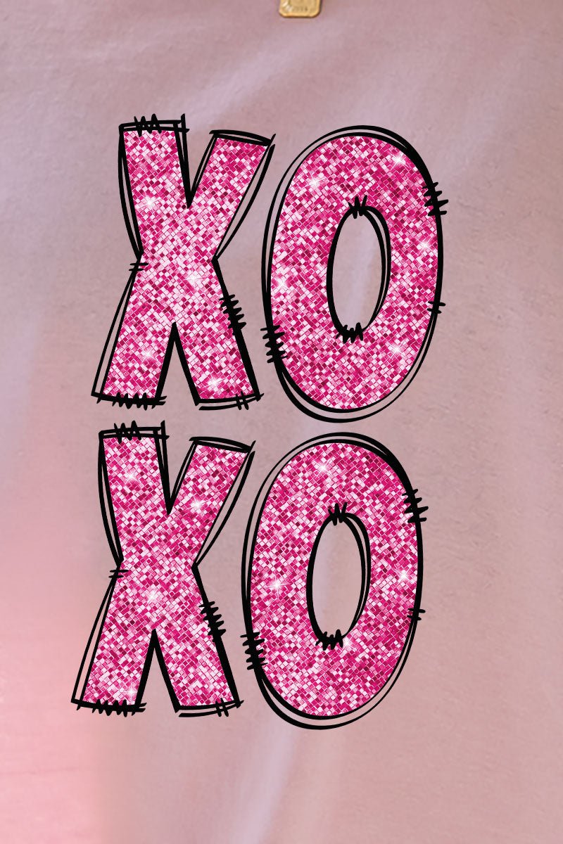Faux Sequin Pink Stacked XOXO Transfer Short Sleeve Relaxed Fit T-Shirt ...