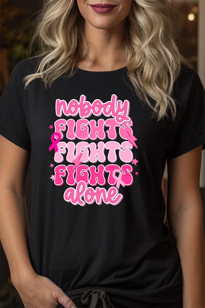 Nobody Fights Alone Pink Ribbon Short Sleeve Relaxed Fit T-Shirt ...