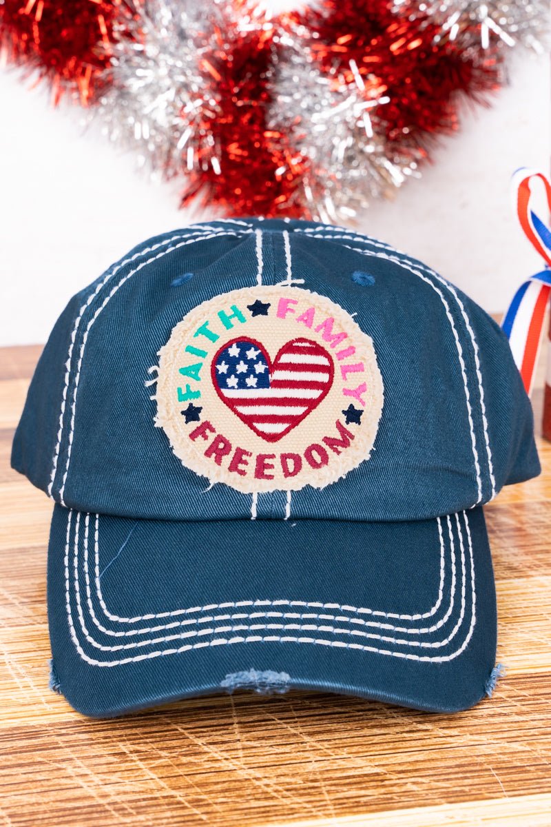 Distressed Blue 'Faith Family Freedom' Flag Heart Cap | Wholesale ...