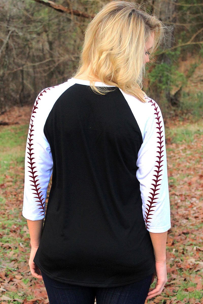 Baseball Laces 3/4 Sleeve Raglan Tee, Black | Wholesale Accessory Market