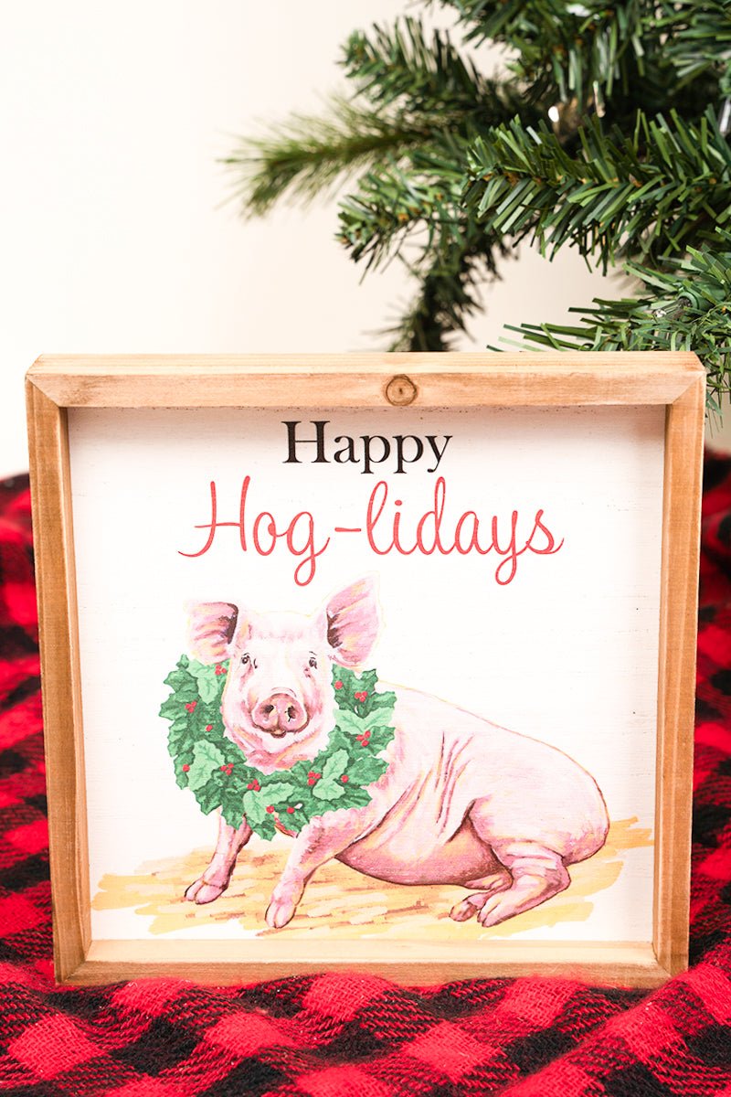 8 x 8 'Happy Hog-lidays' Wood Wall Sign | Wholesale Accessory Market